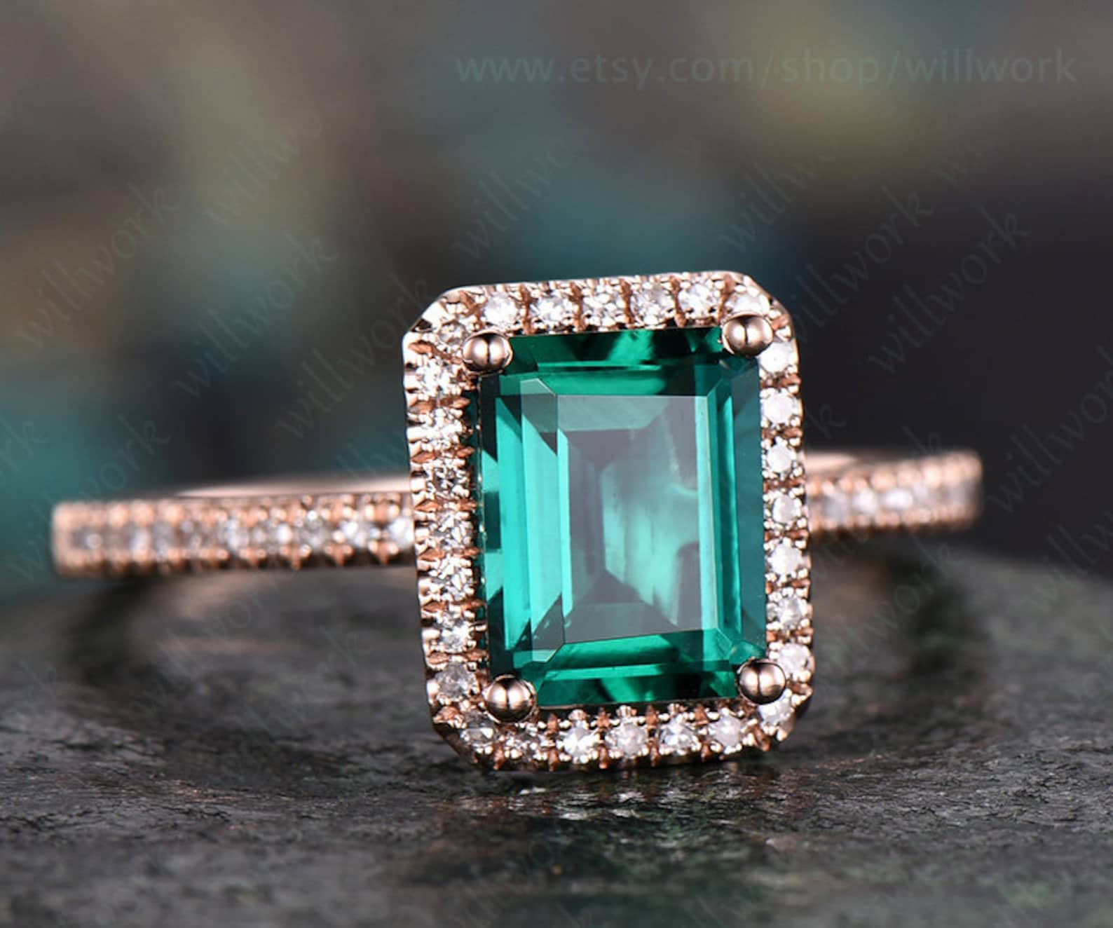 Green Emerald Engagement Ring 14k Rose Gold Handmade Emerald - Etsy