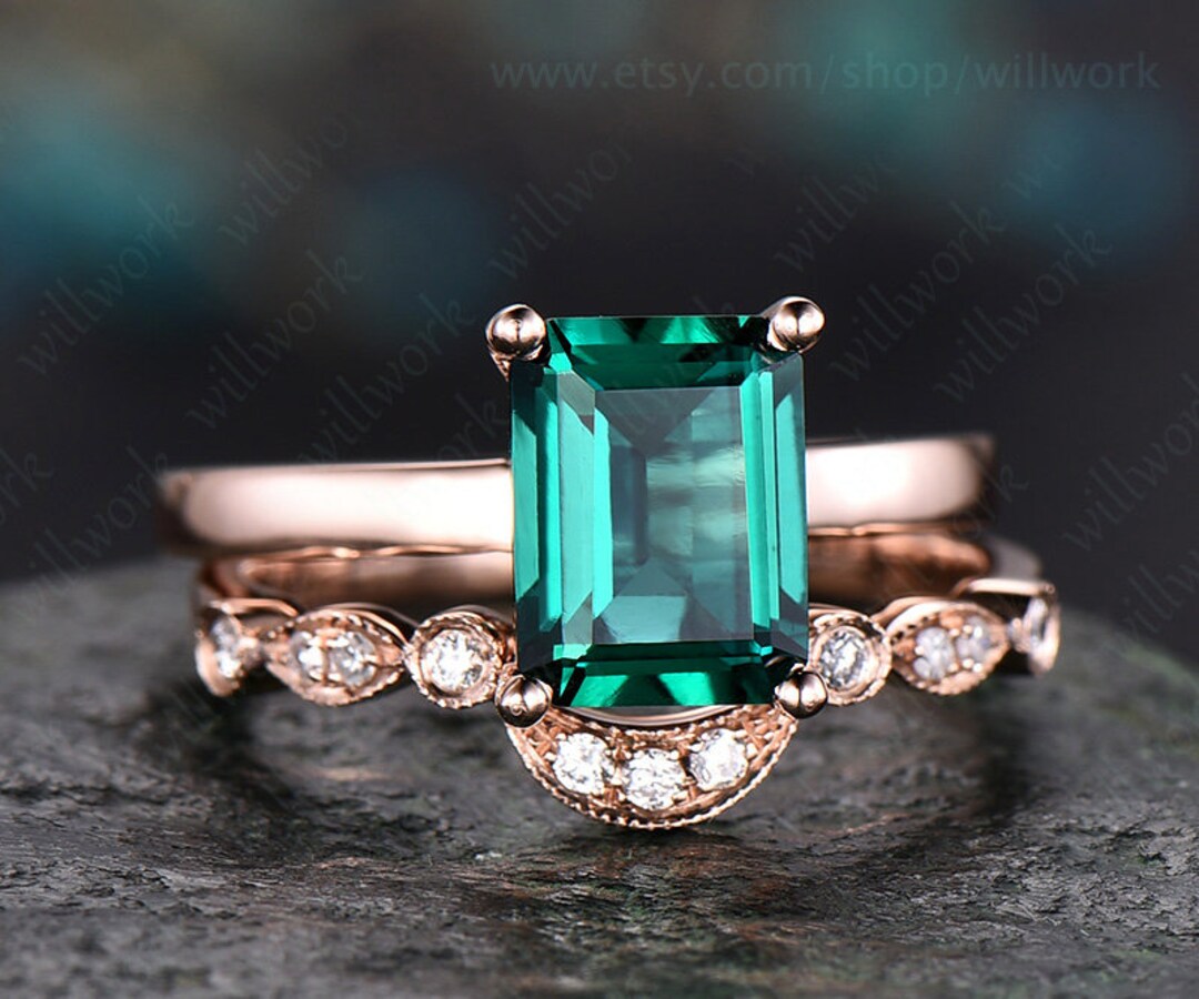 Green Emerald Engagement Ring Set 14k Rose Gold-emerald Ring Gold ...