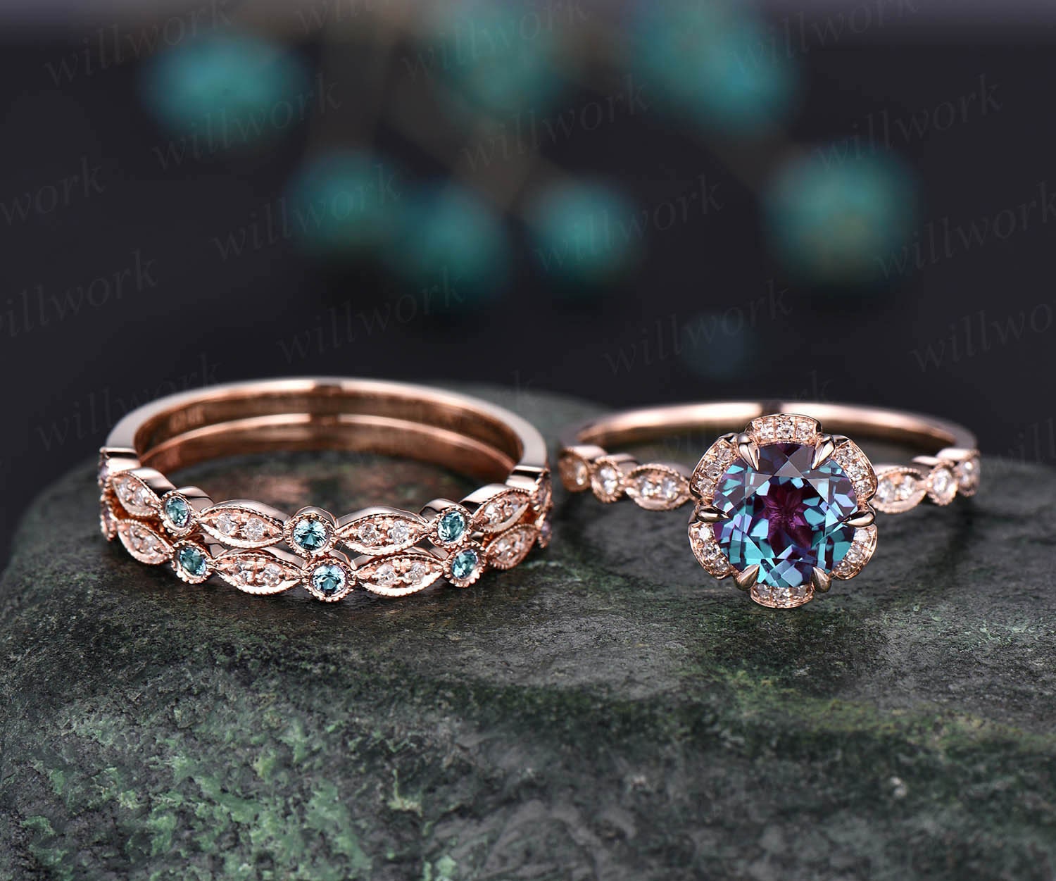 Round Alexandrite Wedding Set Vintage Alexandrite Engagement - Etsy