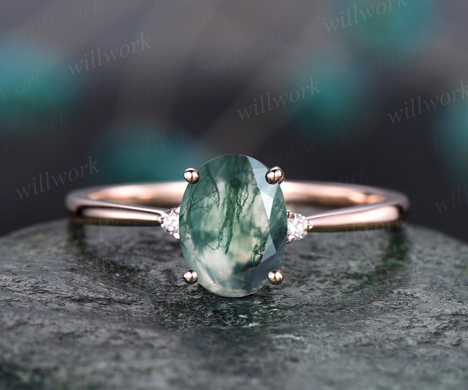 Oval Shaped Moss Agate Ring Three Stone Ring Dainty Diamond Ring ...