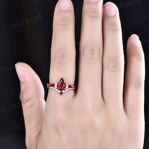 Kite Cut Red Ruby Engagement Ring Art Deco Rose Gold Moissanite Ring ...