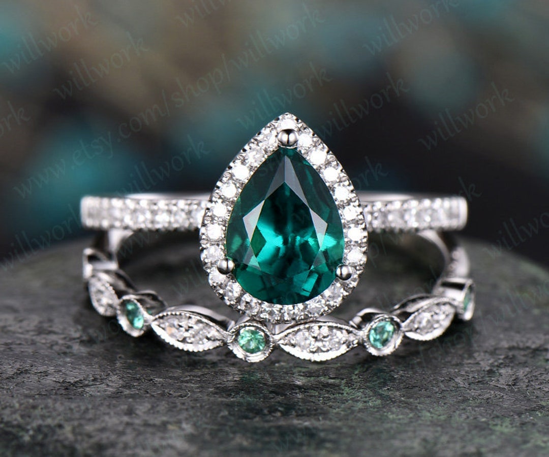 Green Emerald Engagement Ring Set White Gold Natural Emerald Wedding ...