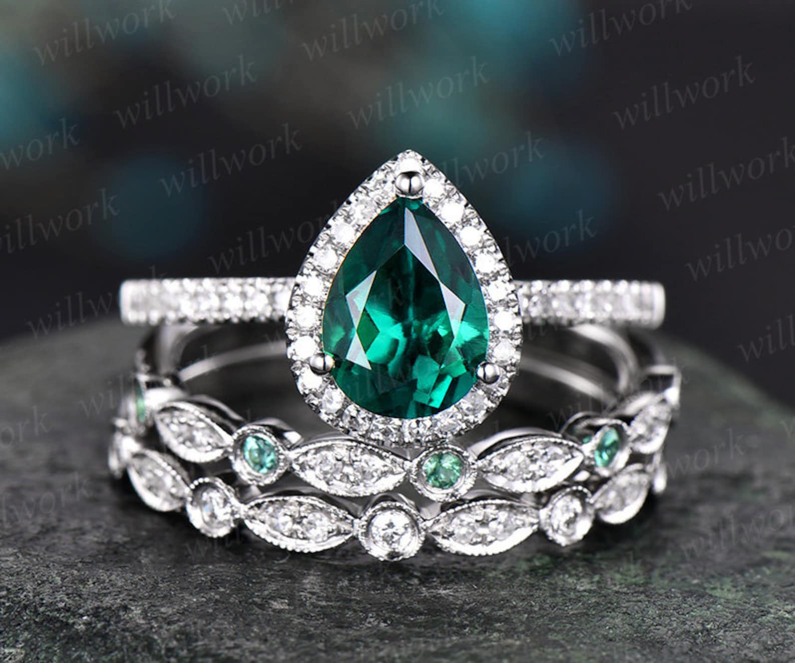3pcs Emerald Engagement Ring Set White Gold Vintage Natural - Etsy