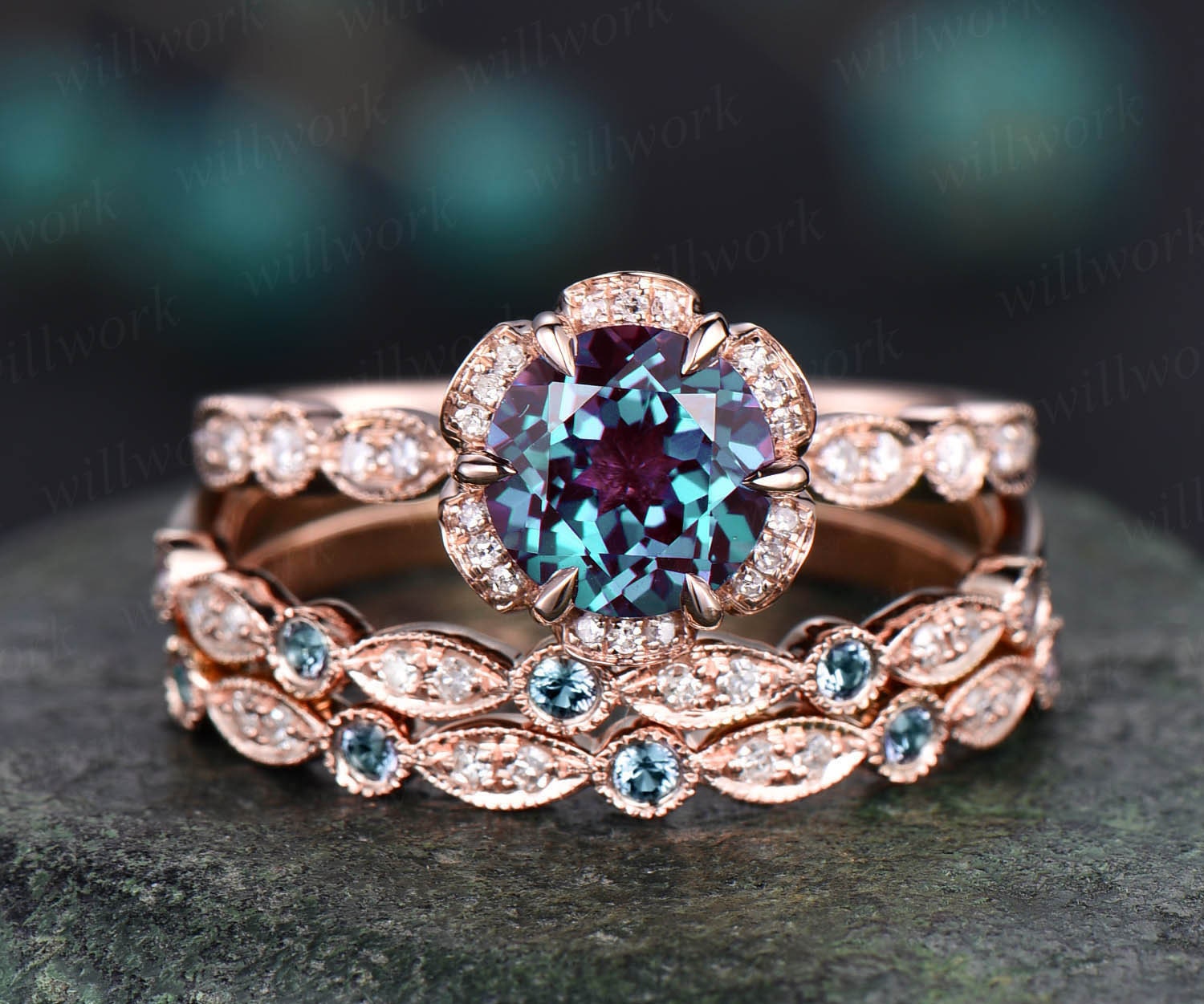 Round Alexandrite Wedding Set Vintage Alexandrite Engagement - Etsy