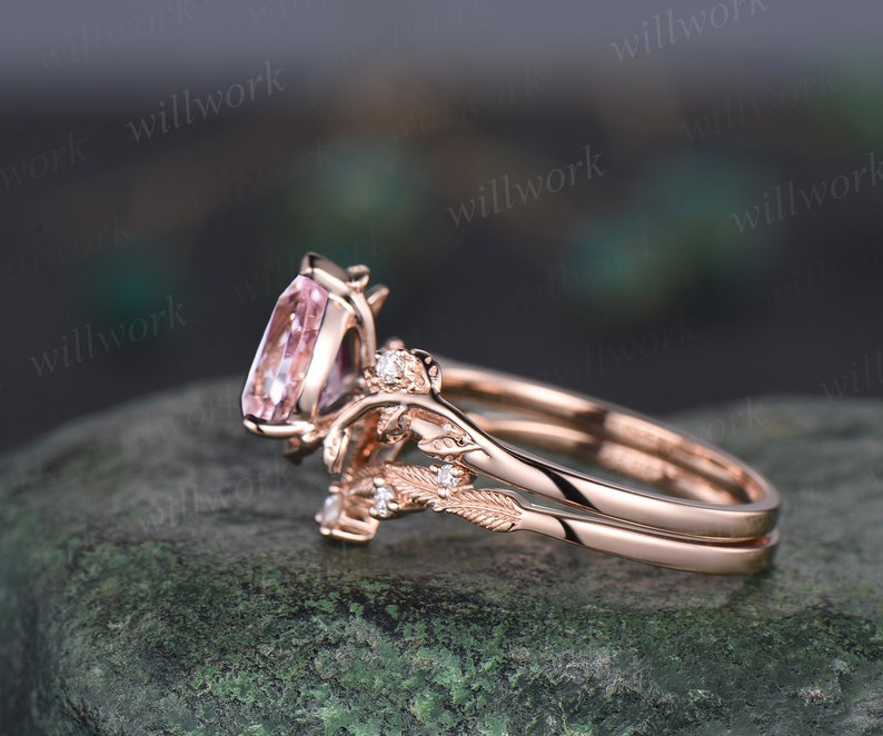 Pear Shaped Natural Pink Morganite Ring Rose Gold Leaf Nature Inspired ...