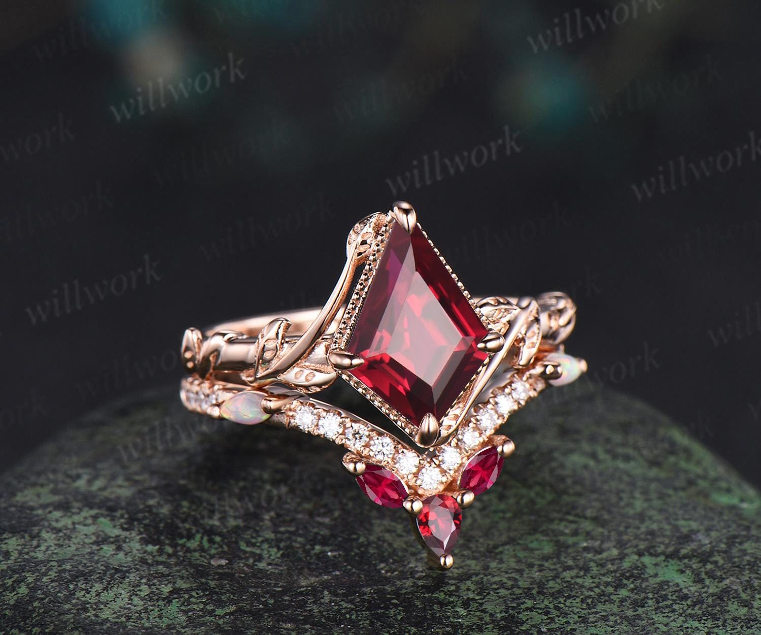 Kite Cut Red Ruby Engagement Ring Set Twisted Milgrain Leaf Solitaire ...