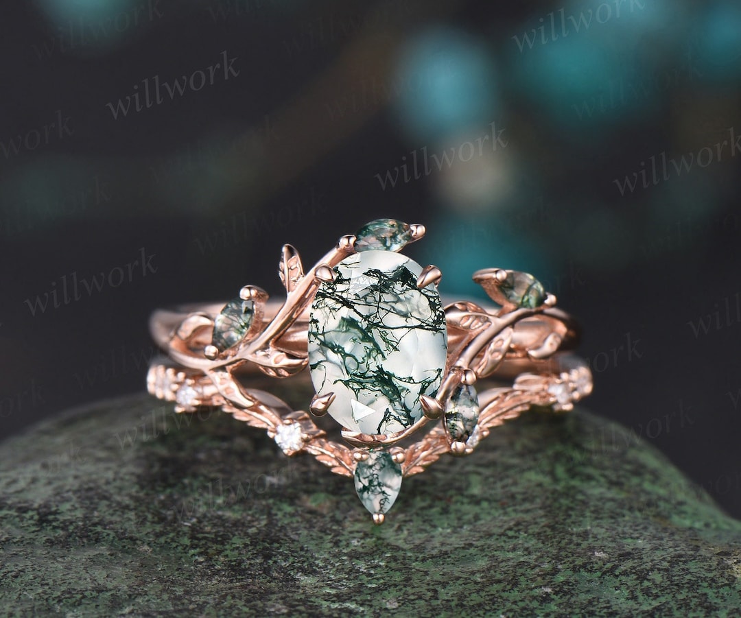 Vintage Oval Cut Green Moss Agate Engagement Ring Rose Gold Art Deco Cluster Leaf Nature ...