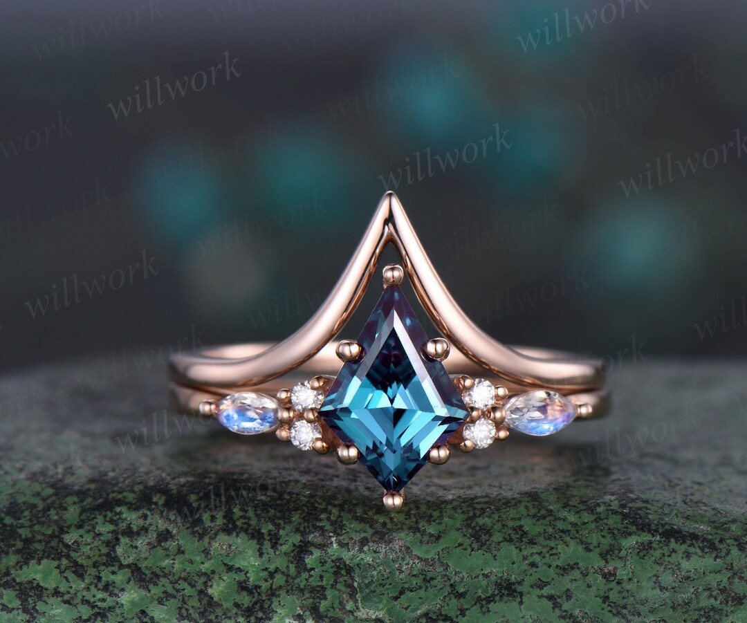 Kite Cut Alexandrite Engagement Ring Rose Gold Moonstone Bridal Wedding ...