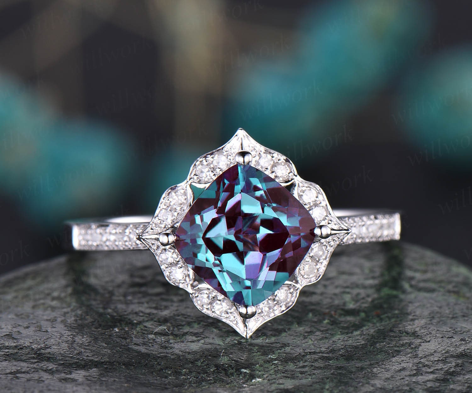 Cushion Cut Alexandrite Ring Rose Gold Vintage Flower Unique - Etsy
