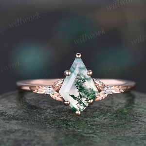 Kite Cut Moss Agate Ring Vintage Leaf Diamond Ring Unique Nature Inspired Engagement Ring Women ...