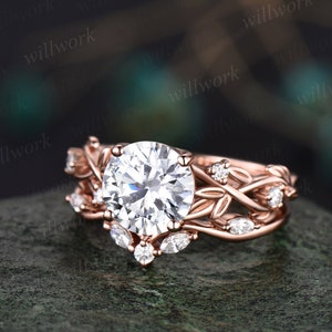 2ct Twig Round Cut Moissanite Engagement Ring Set 14k Rose Gold Five ...
