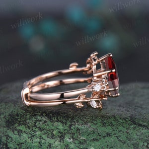 Unique Kite Cut Red Ruby Engagement Ring Twig Leaf Rose Gold Diamond ...