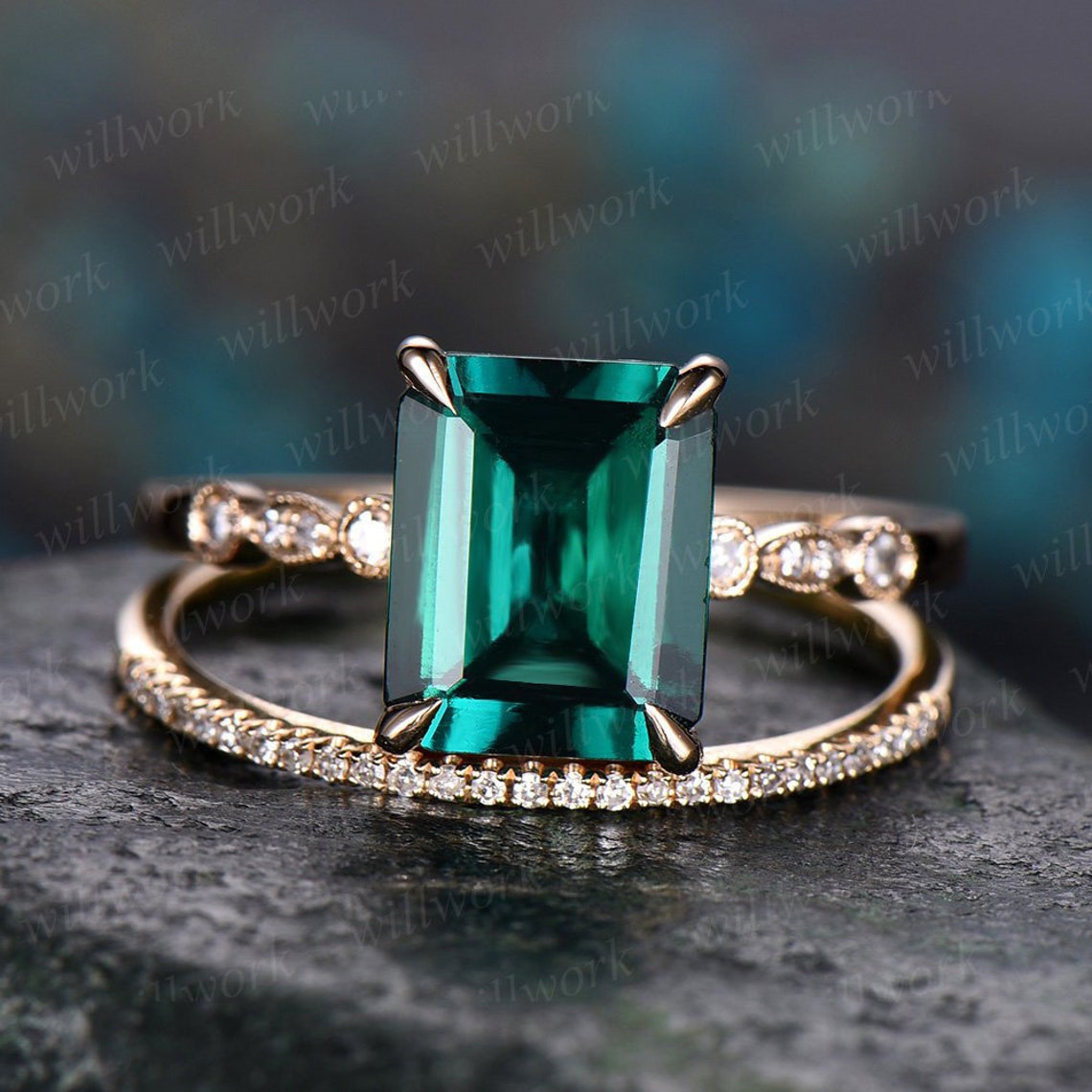 2pc Emerald Engagement Ring Set 14k Yellow Gold Real Diamond | Etsy