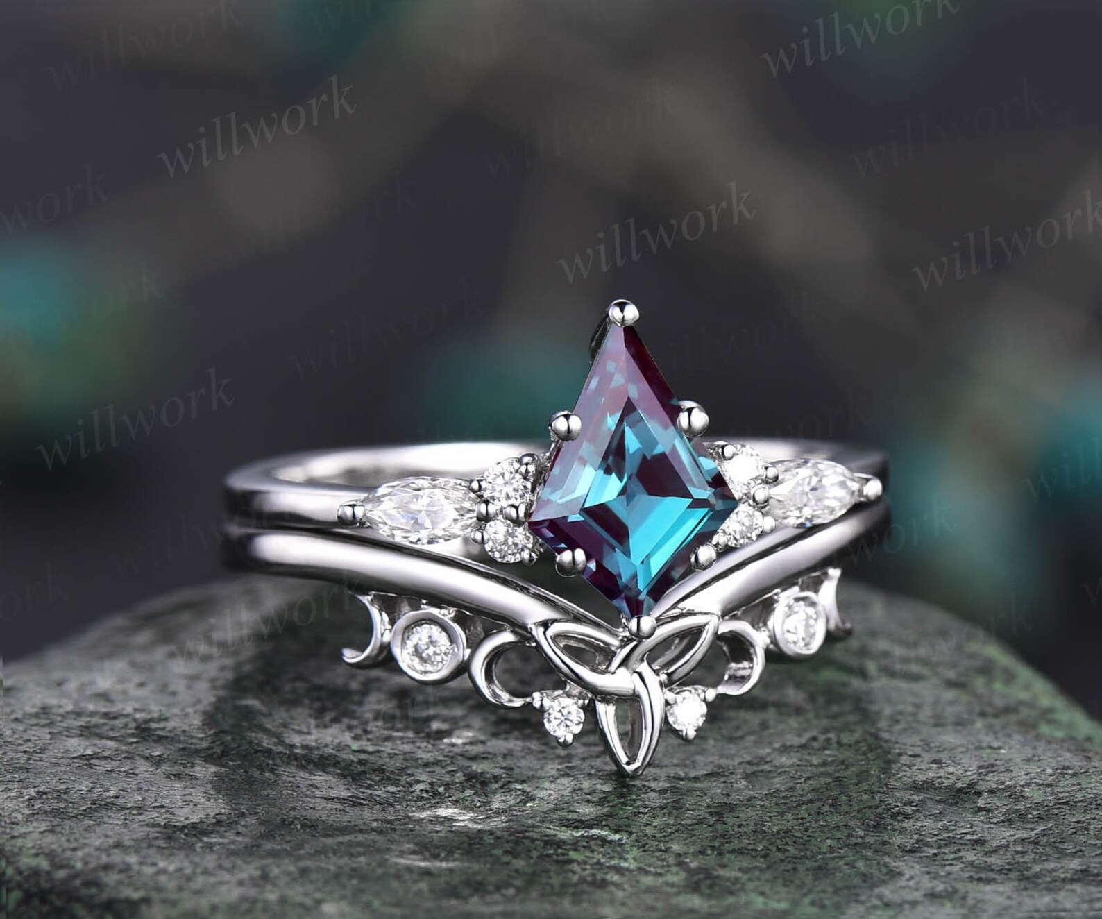 Unique Alexandrite Engagement Ring Set White Gold Silver Kite | Etsy