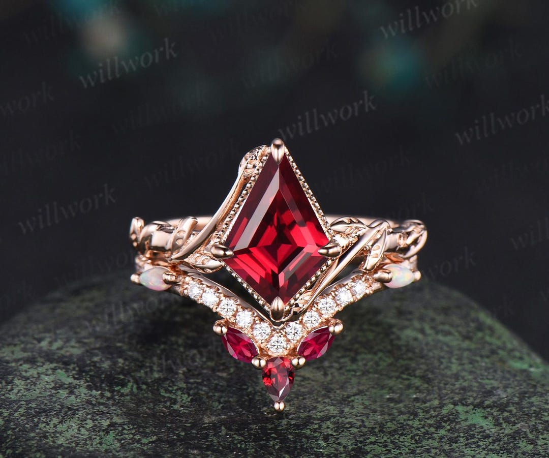 Kite Cut Red Ruby Engagement Ring Set Twisted Milgrain Leaf Solitaire ...
