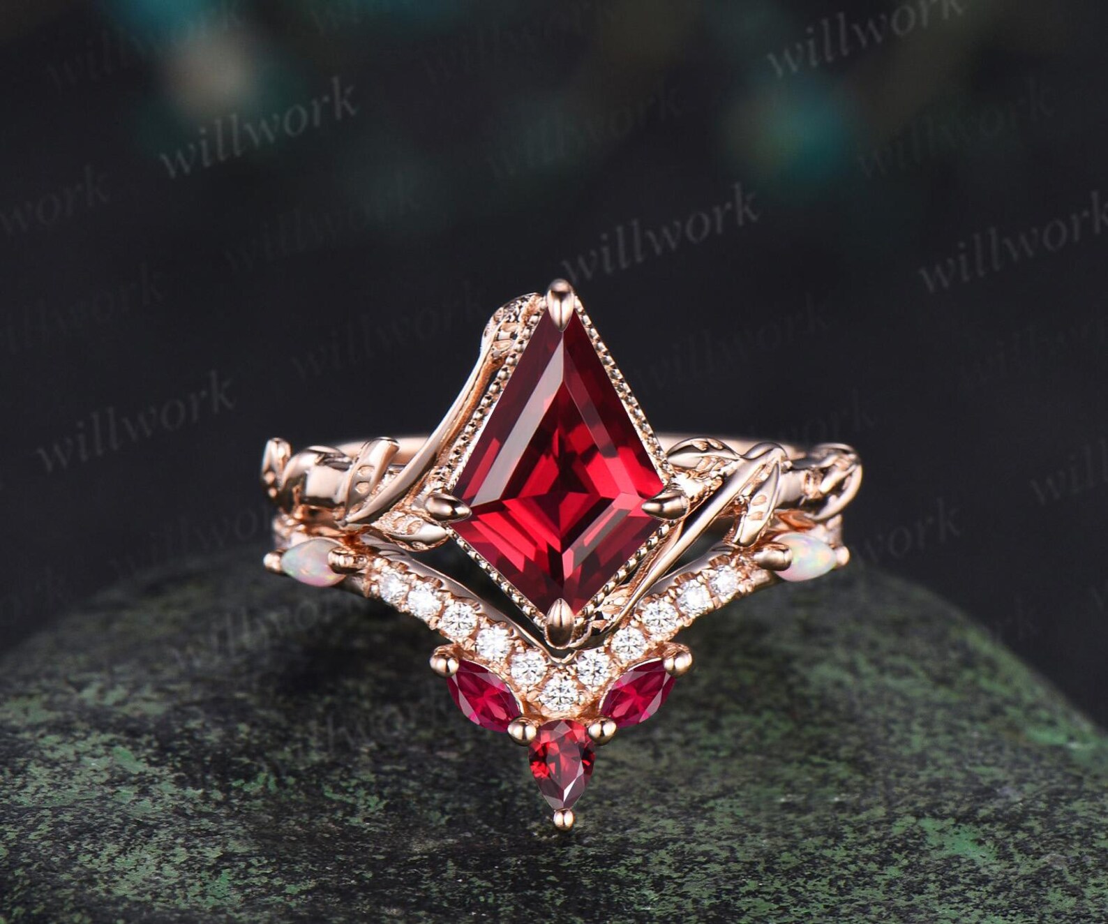 Kite Cut Red Ruby Engagement Ring Set Twisted Milgrain Leaf Solitaire ...