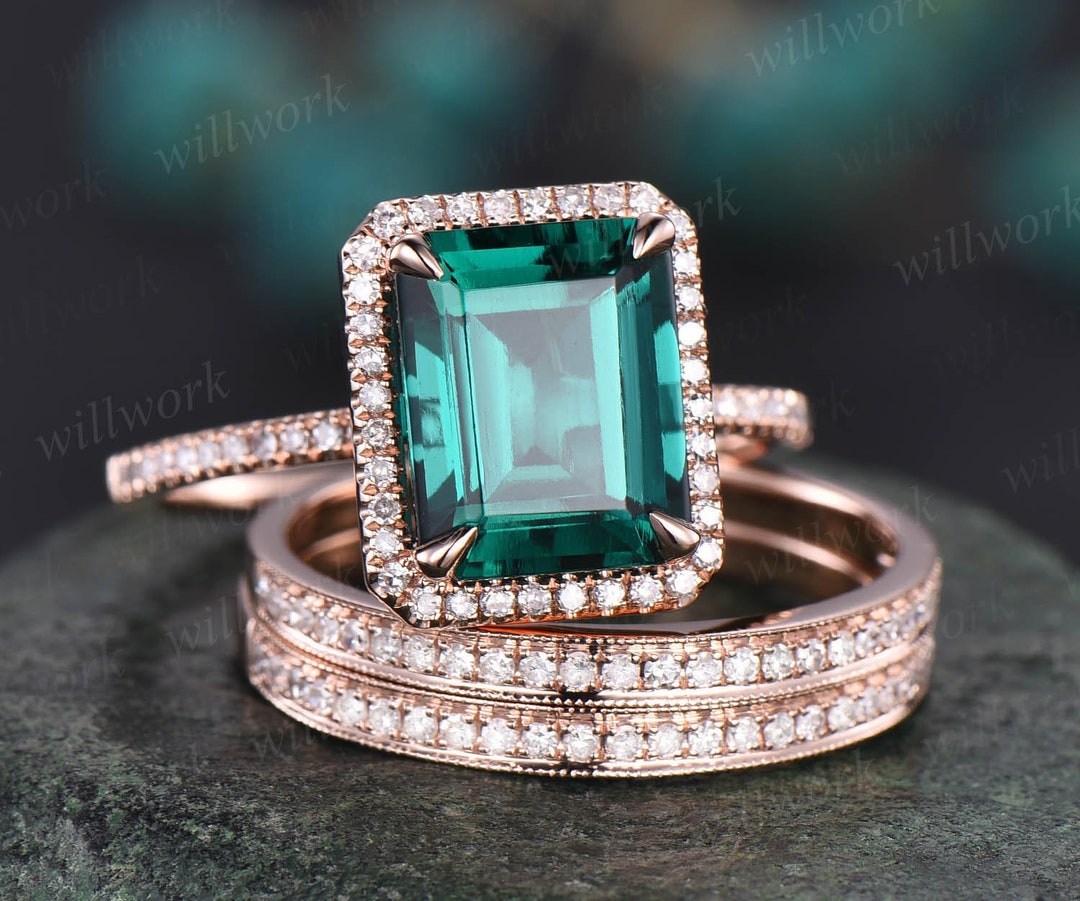Emerald Cut Emerald Ring Set Rose Gold Vintage Unique Emerald ...