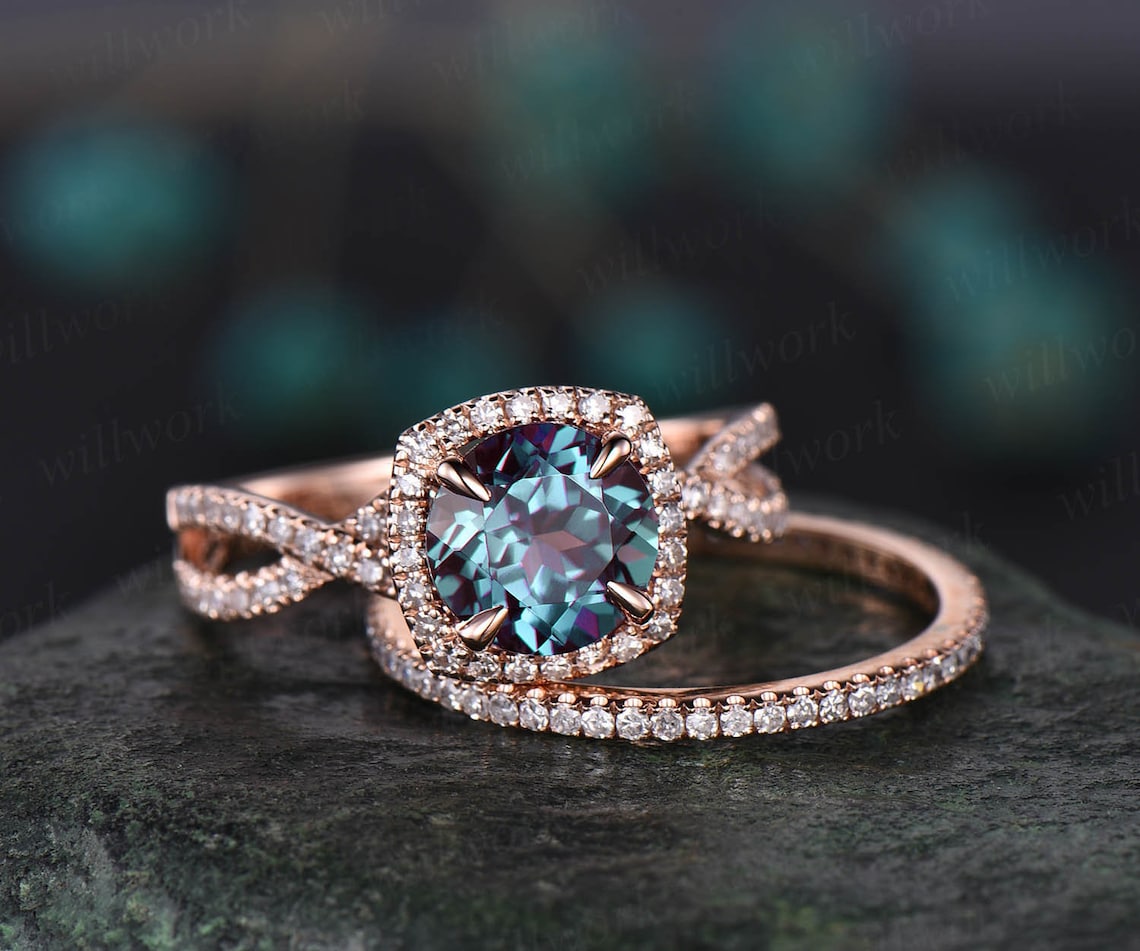 Unique Infinity Halo Engagement Ring 2pcs Round Alexandrite Engagement ...