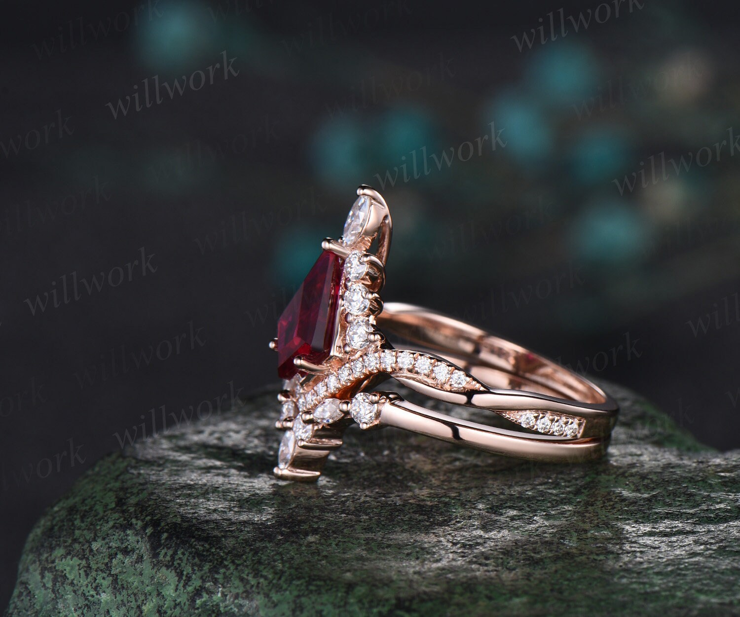 Vintage Kite Cut Red Ruby Ring Rose Gold Halo Unique Engagement Ring ...