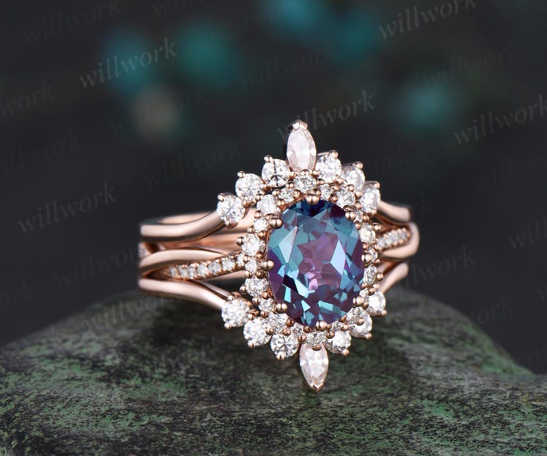 Oval Cut Alexandrite Engagement Ring Set 14k Rose Gold Infinity ...