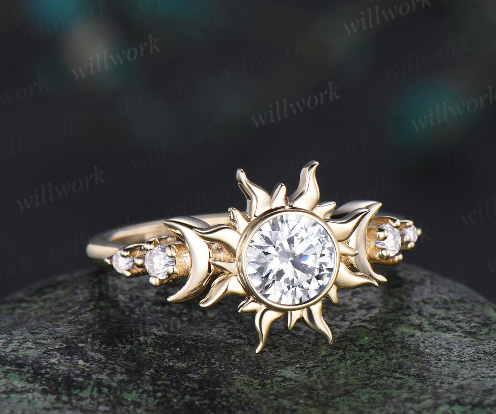 Round Cut Lab Grown Diamond Moissanite Engagement Ring Sun Moon Promise ...