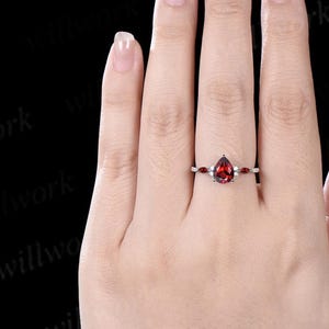 Pear Shaped Red Garnet Engagement Ring Solid 14k White Gold Dainty Half ...