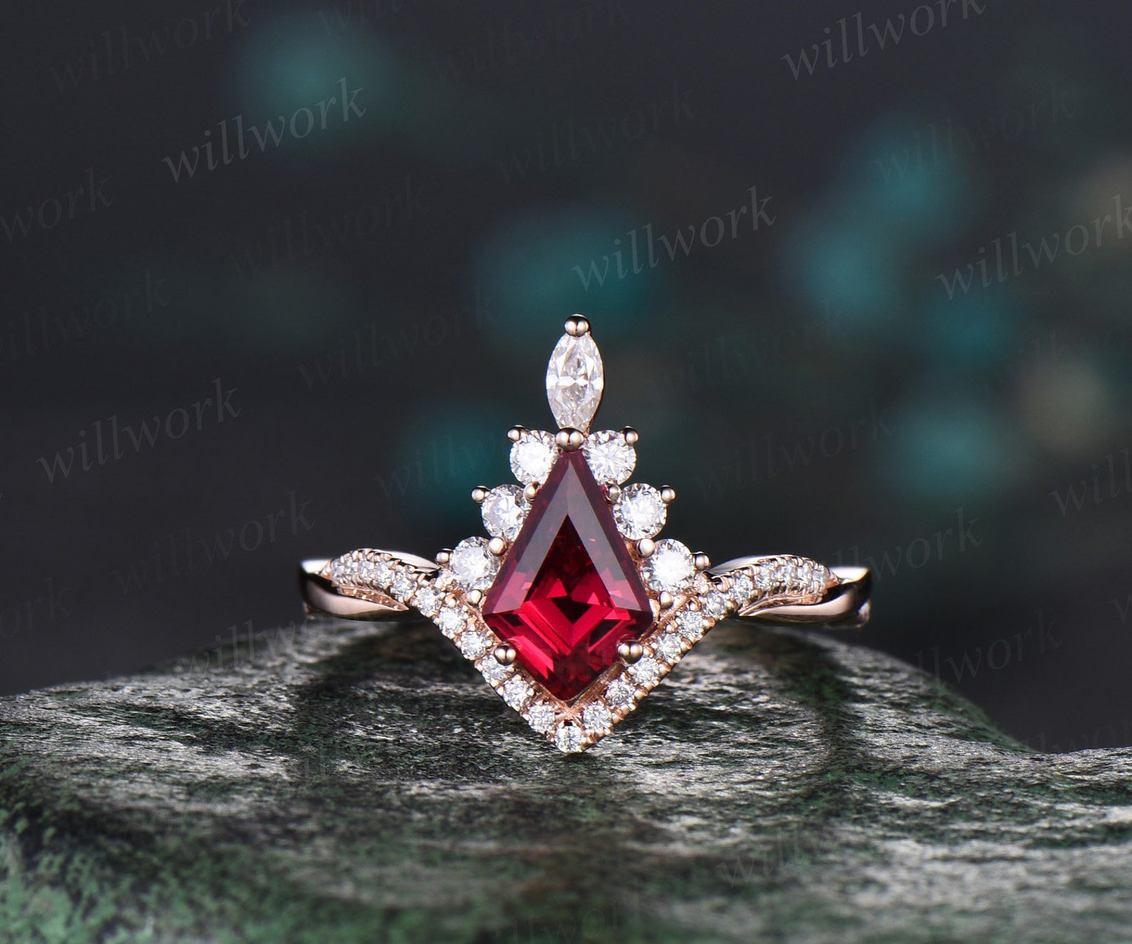Vintage Kite Cut Red Ruby Ring Rose Gold Halo Unique Engagement Ring ...