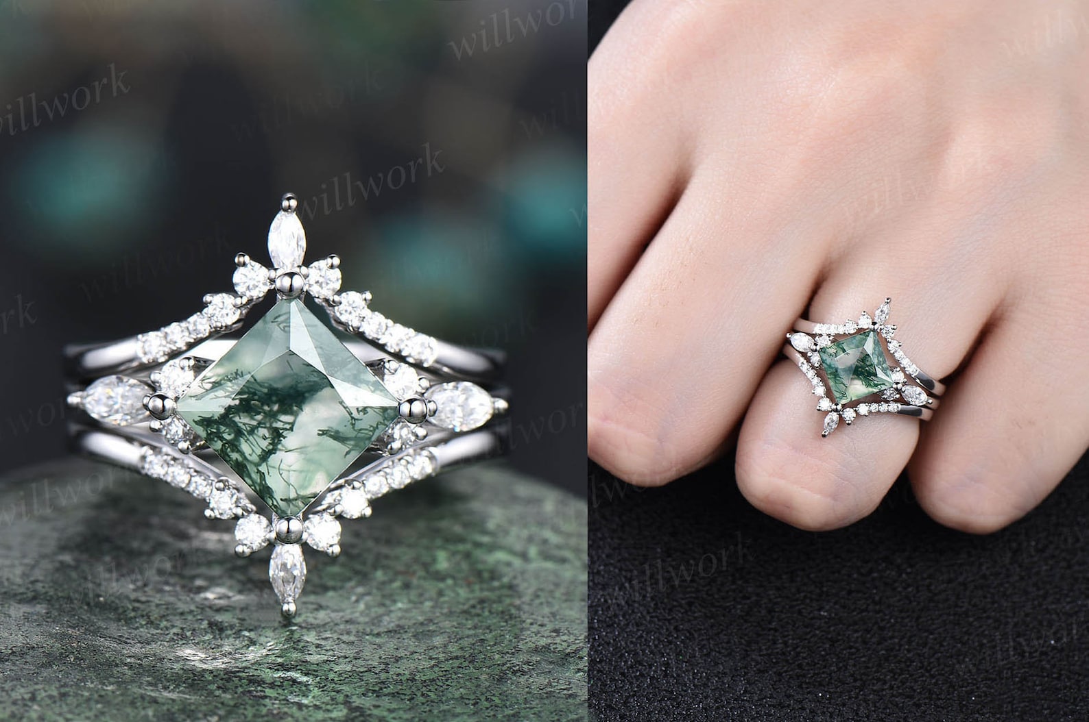 Princess Cut Moss Agate Ring Gold Vintage Green Moss Agate Engagement ...