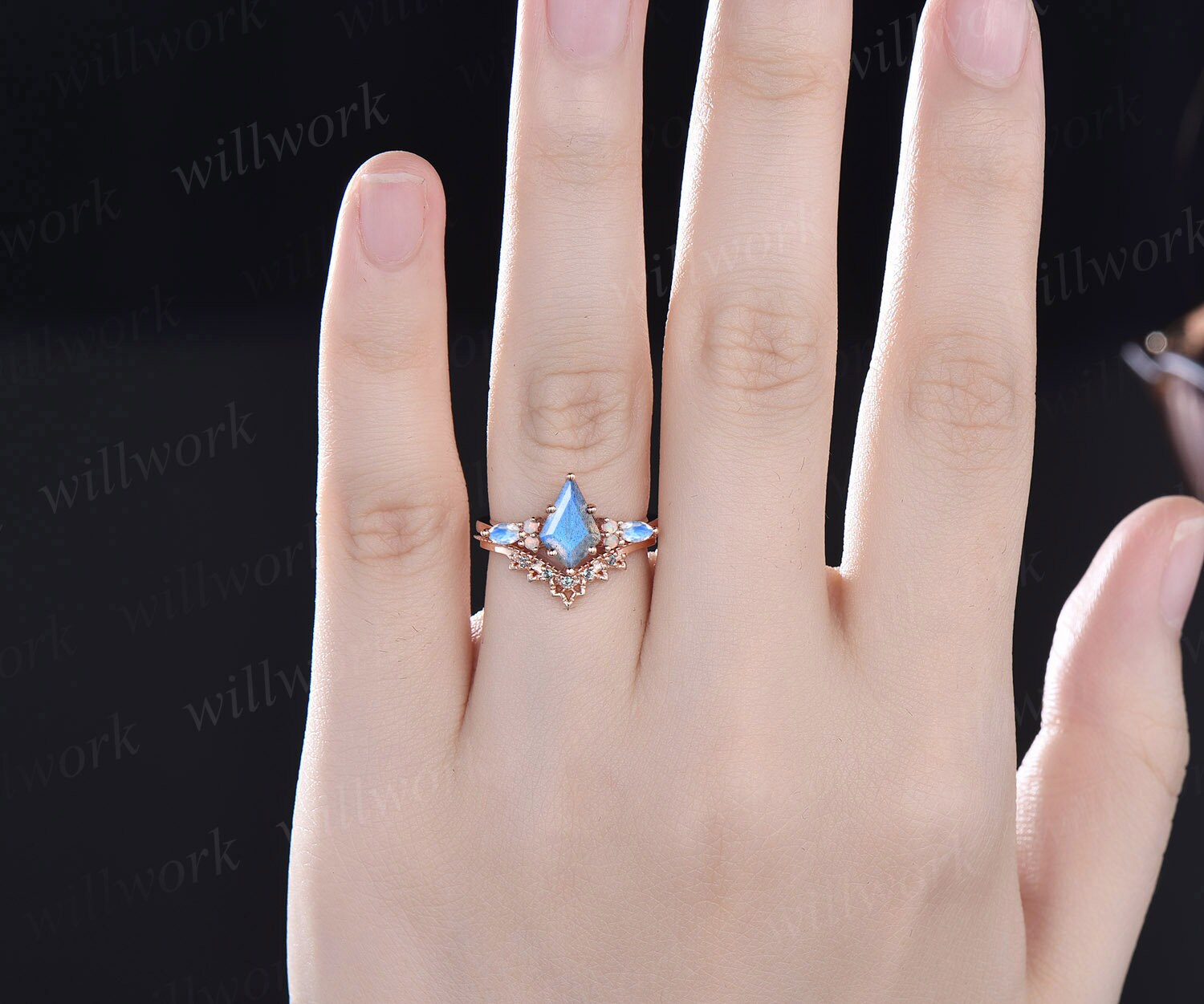 Kite Cut Blue Labradorite Ring Vintage Rose Gold Unique Engagement Ring ...