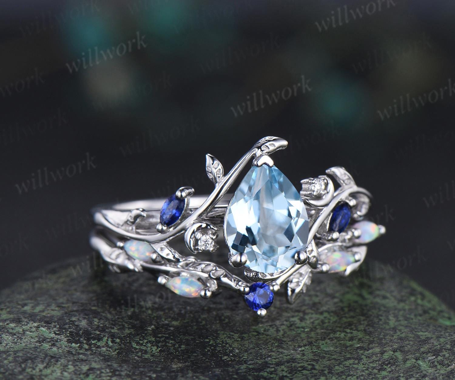 Teardrop Pear Cut Aquamarine Ring Vintage White Gold Leaf Moon ...