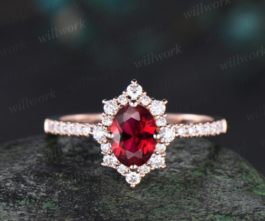 1ct Oval Cut Red Ruby Engagement Ring Snowdrift Halo Diamond 14k Rose ...