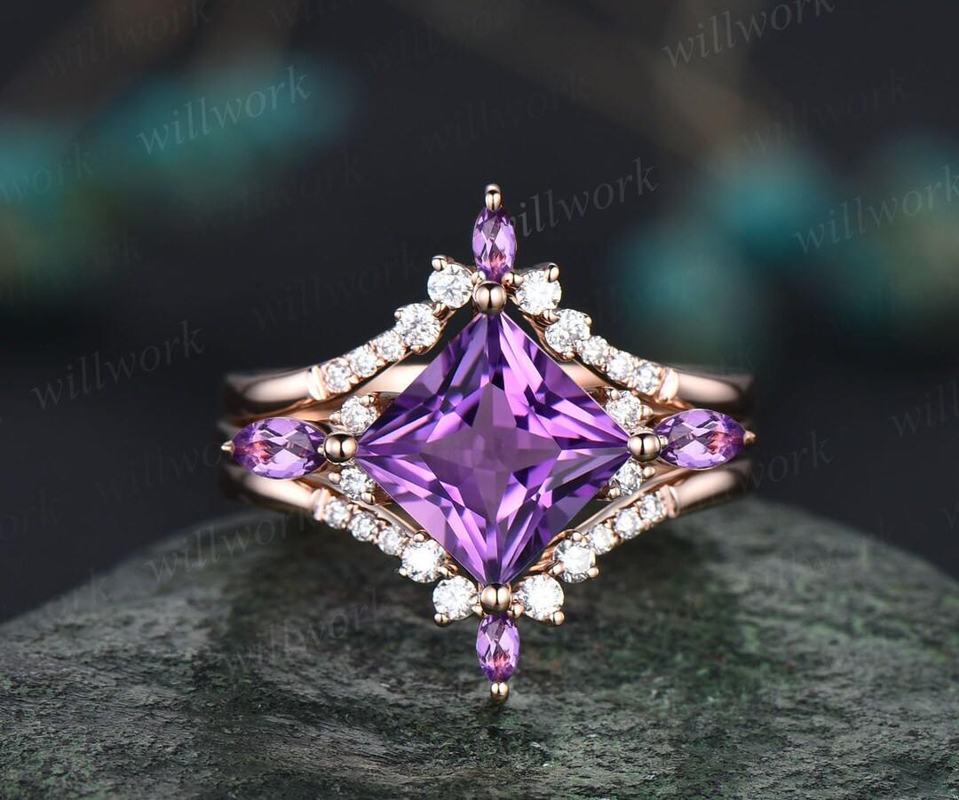 Vintage Princess Cut Amethyst Engagement Ring Rose Gold Art Deco ...