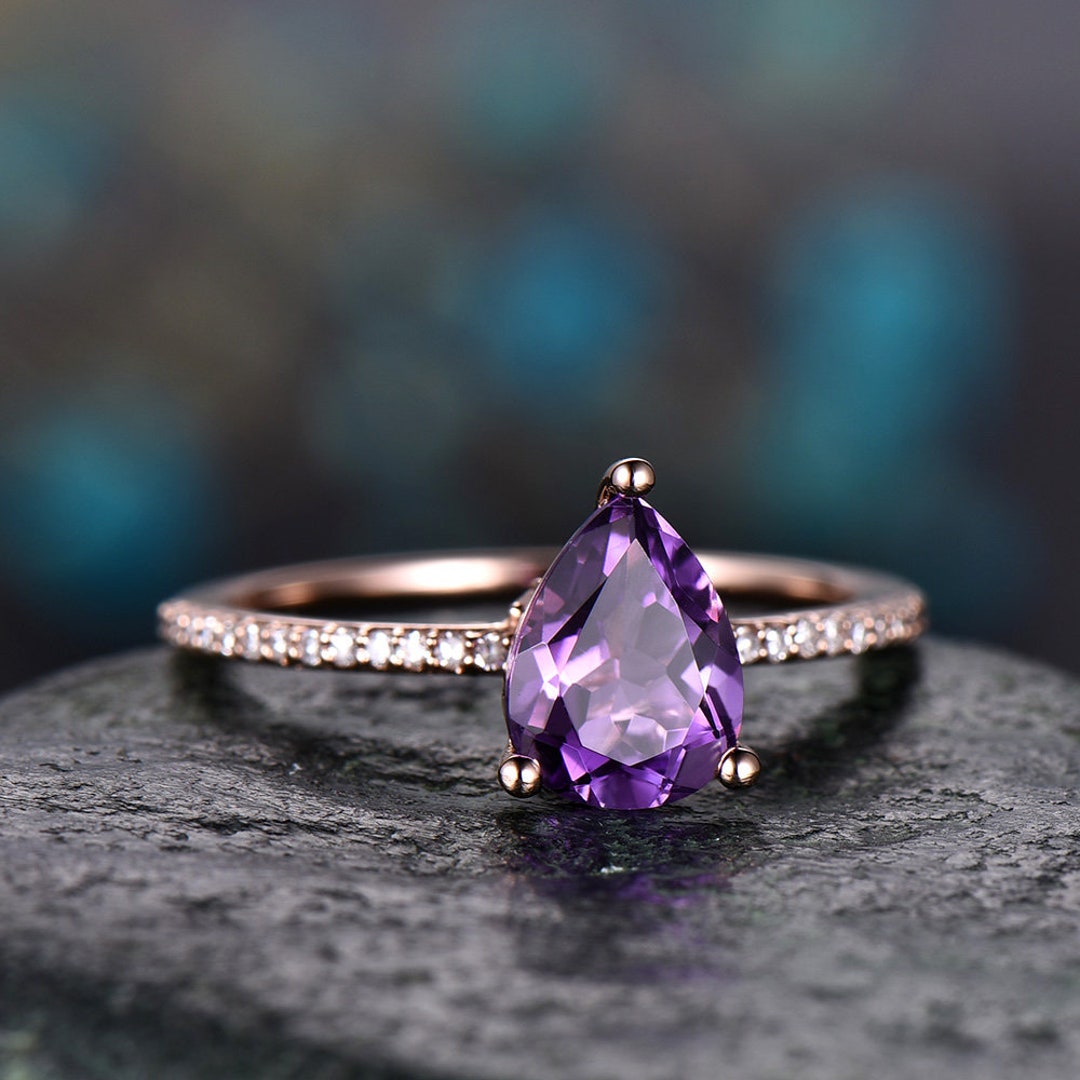 Amethyst Engagement Ring Pear Shaped-solid 14k Rose Gold-handmade Under ...