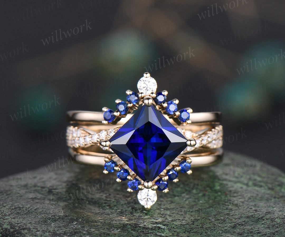 3pcs Sapphire Bridal Ring Set Unique Princess Cut Sapphire Engagement ...