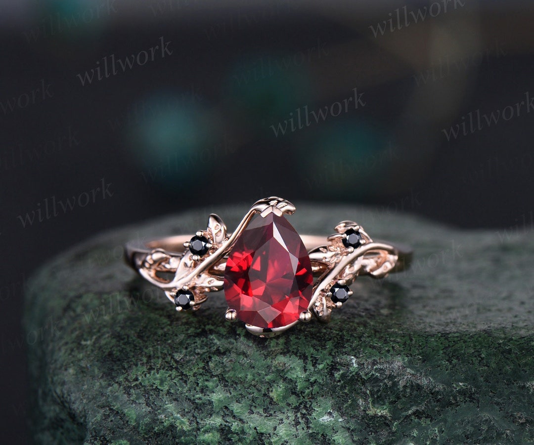 Pear Cut Red Ruby Ring Vintage Art Deco Five Stone Black Spinel Ring ...