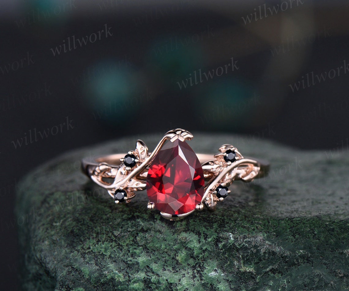 Pear Cut Red Ruby Ring Vintage Art Deco Five Stone Black Spinel Ring ...