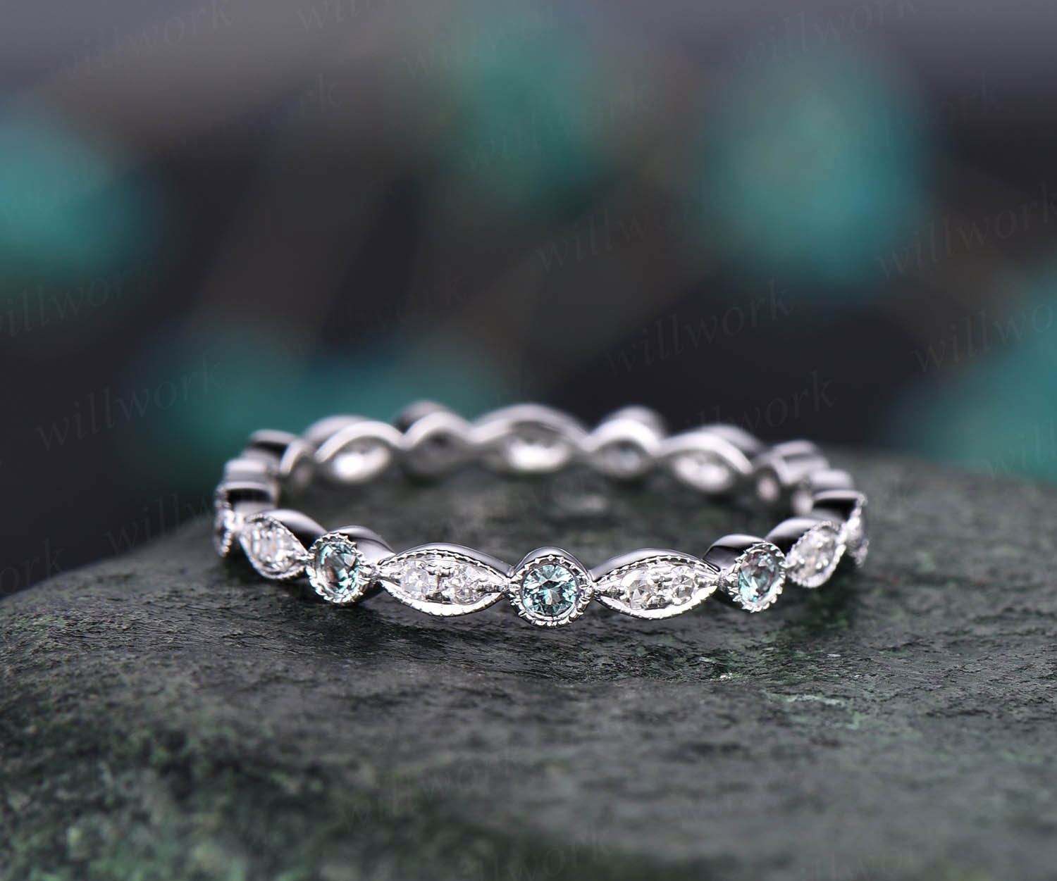 Vintage Alexandrite Ring Solid 14k White Gold Full Eternity Alexandrite ...