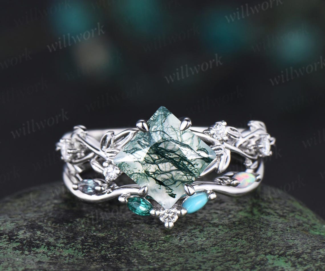 Princess Cut Moss Agate Engagement Ring Set Twig Leaf Diamond Turquoise ...