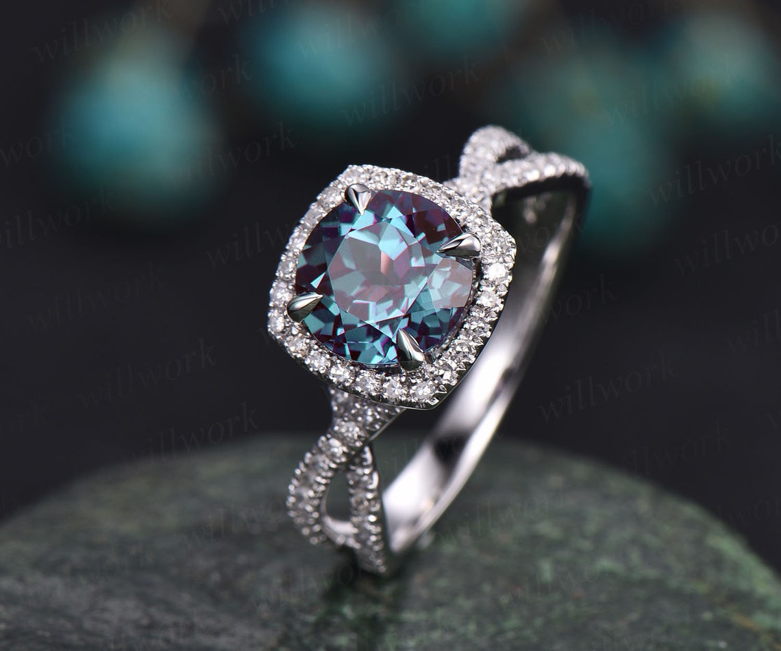 Unique Infinity Diamond Halo Ring Round Alexandrite Engagement - Etsy