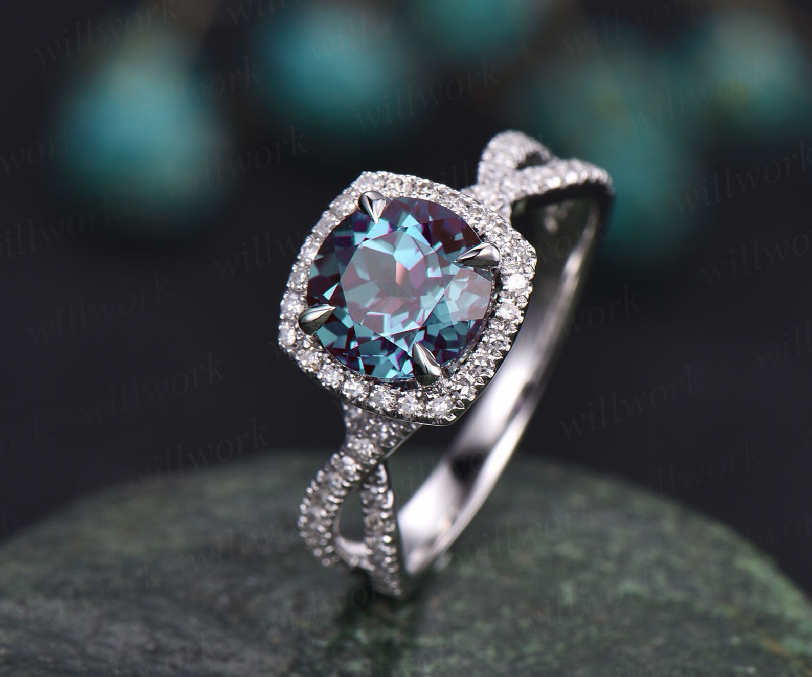 Unique Infinity Halo Engagement Ring 2pcs Round Alexandrite Engagement ...