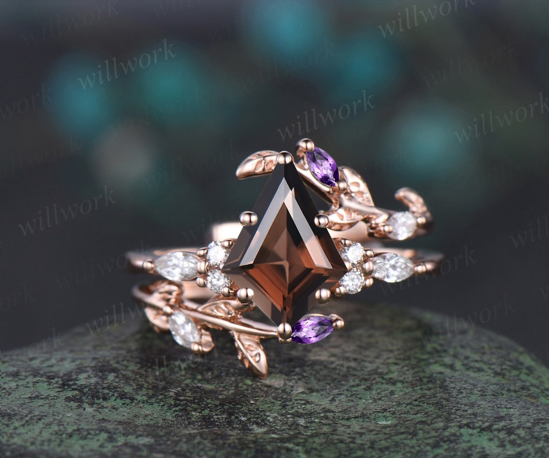 Unique Kite Cut Brown Smoky Quartz Engagement Ring Twig Leaf Rose Gold ...