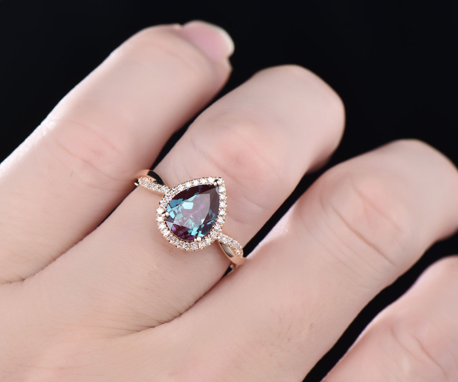 Pear Shaped Alexandrite Engagement Ring 14k Rose Gold Diamond - Etsy