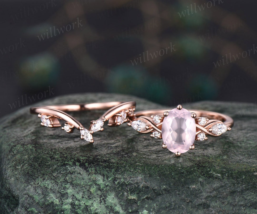 Oval Rose Quartz Ring Rose Gold 6 Prong Art Deco Cluster Unique ...