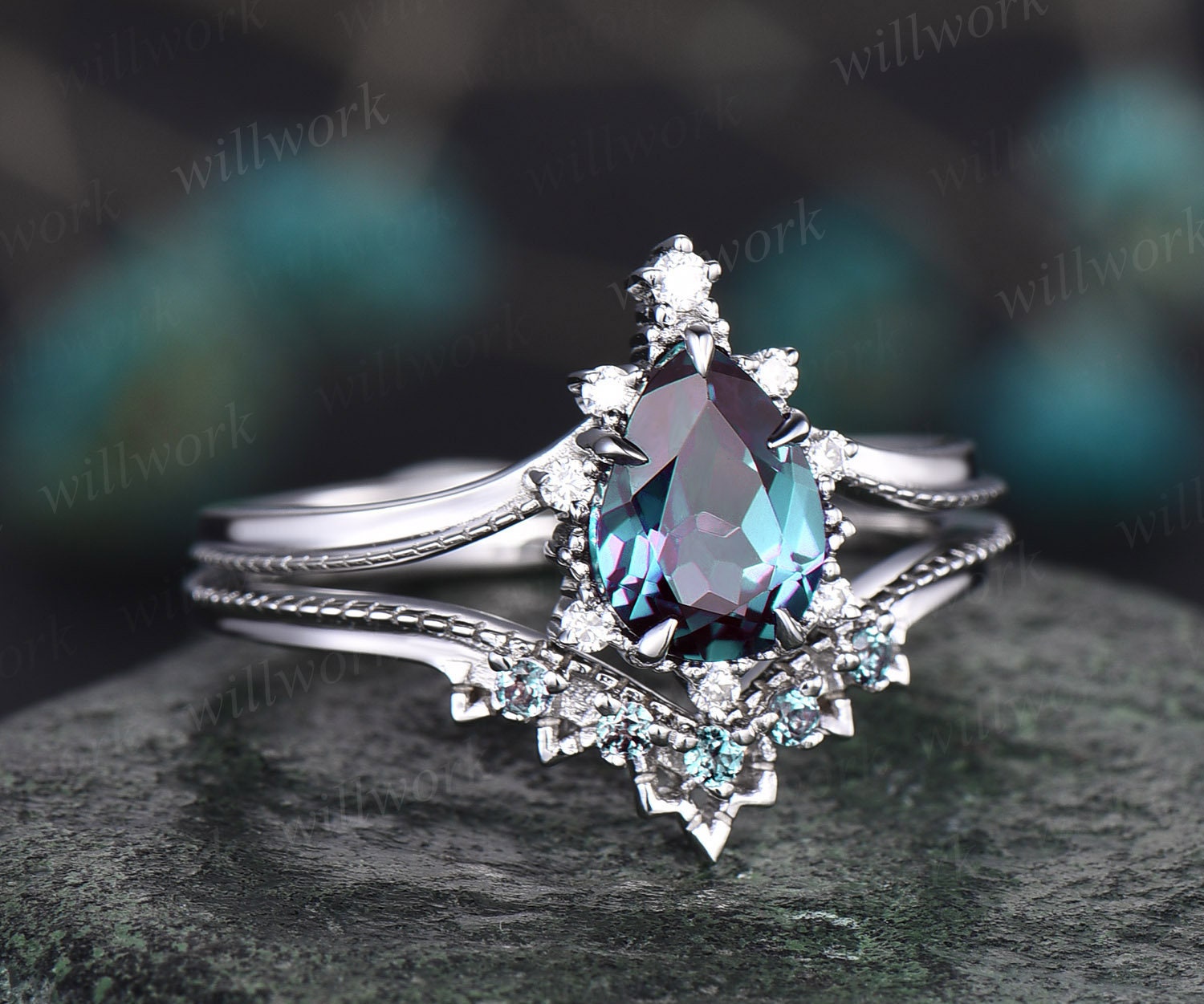 Pear Alexandrite Ring Gold Silver for Women Vintage Alexandrite ...