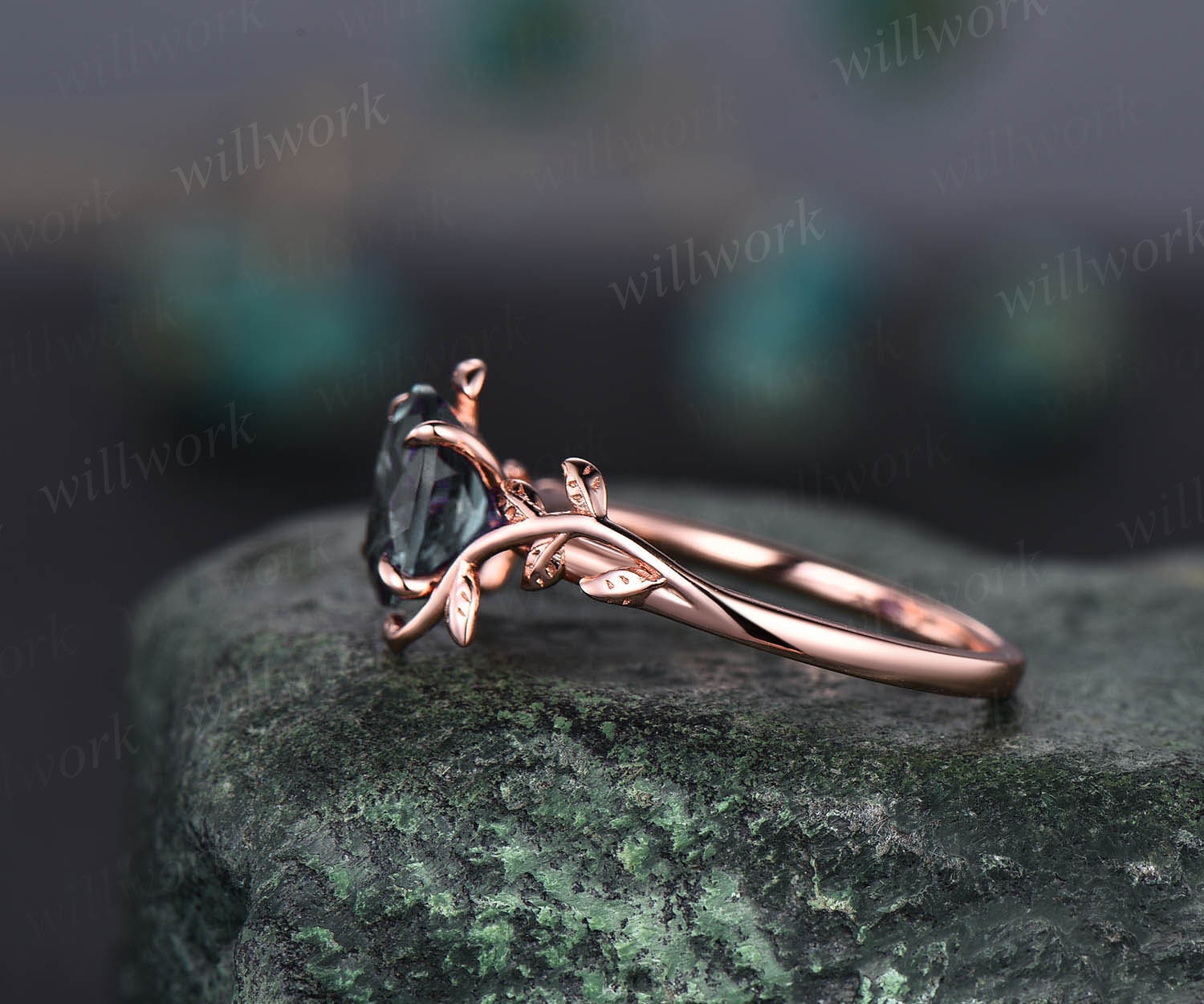 Oval Cut Green Moss Agate Ring Nature Inspired Engagement Ring Leaf ...
