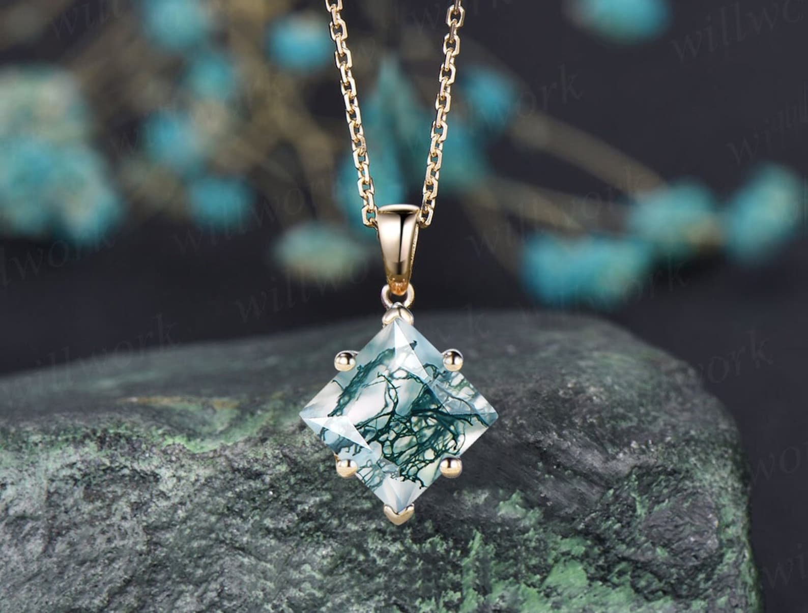 Princess Cut Moss Agate Necklace Solid 14k Yellow Gold Vintage Unique ...