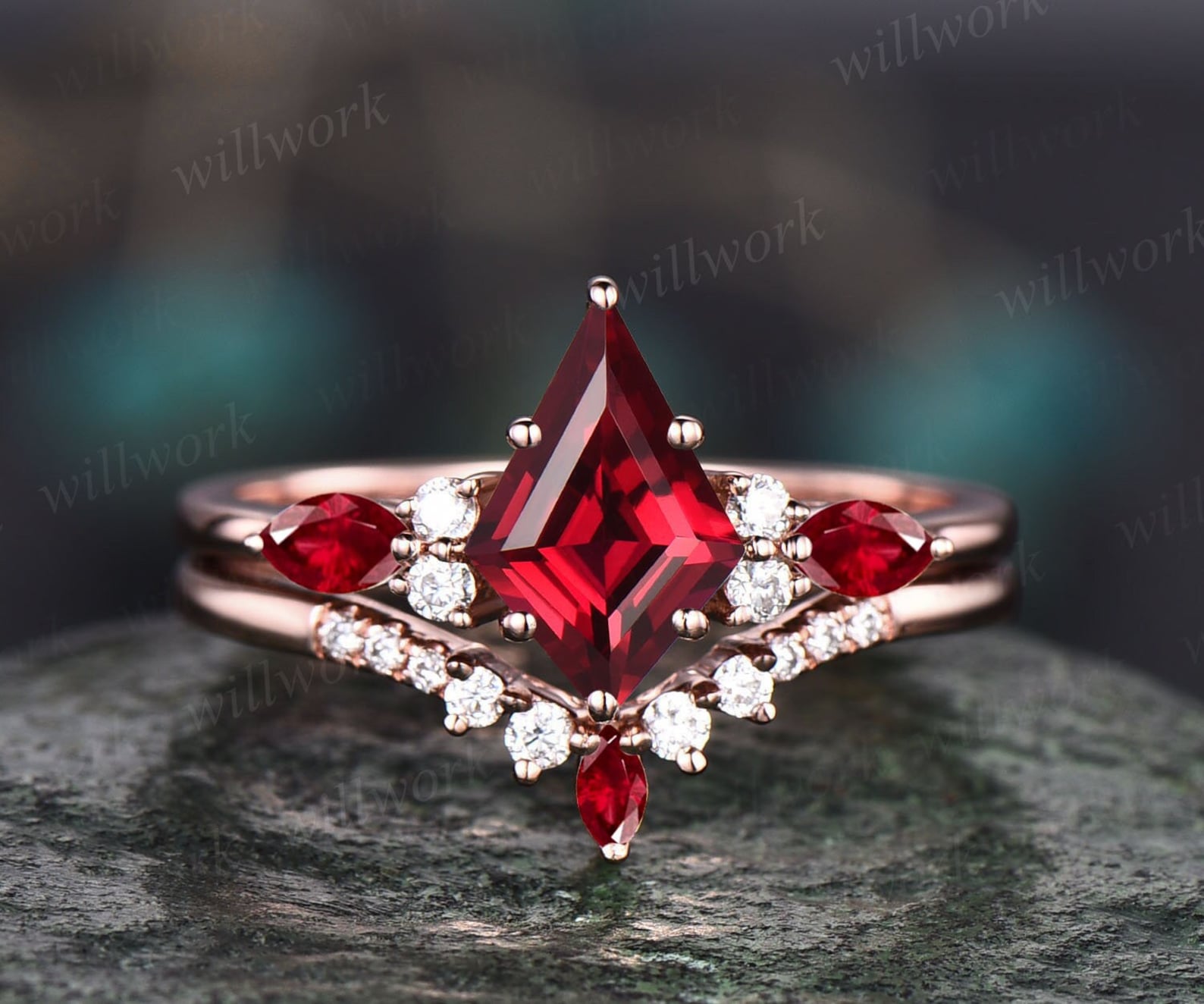 Kite Cut Red Ruby Engagement Ring Art Deco Rose Gold Moissanite Ring ...
