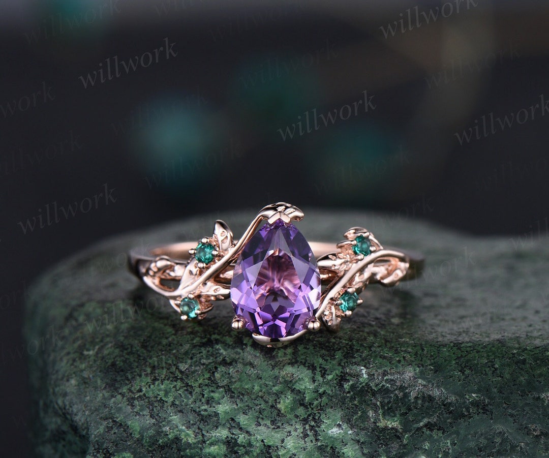 Amethyst Ring Vintage Pear Amethyst Engagement Ring 14k Rose Gold Twig Leaf Emerald Bridal ...