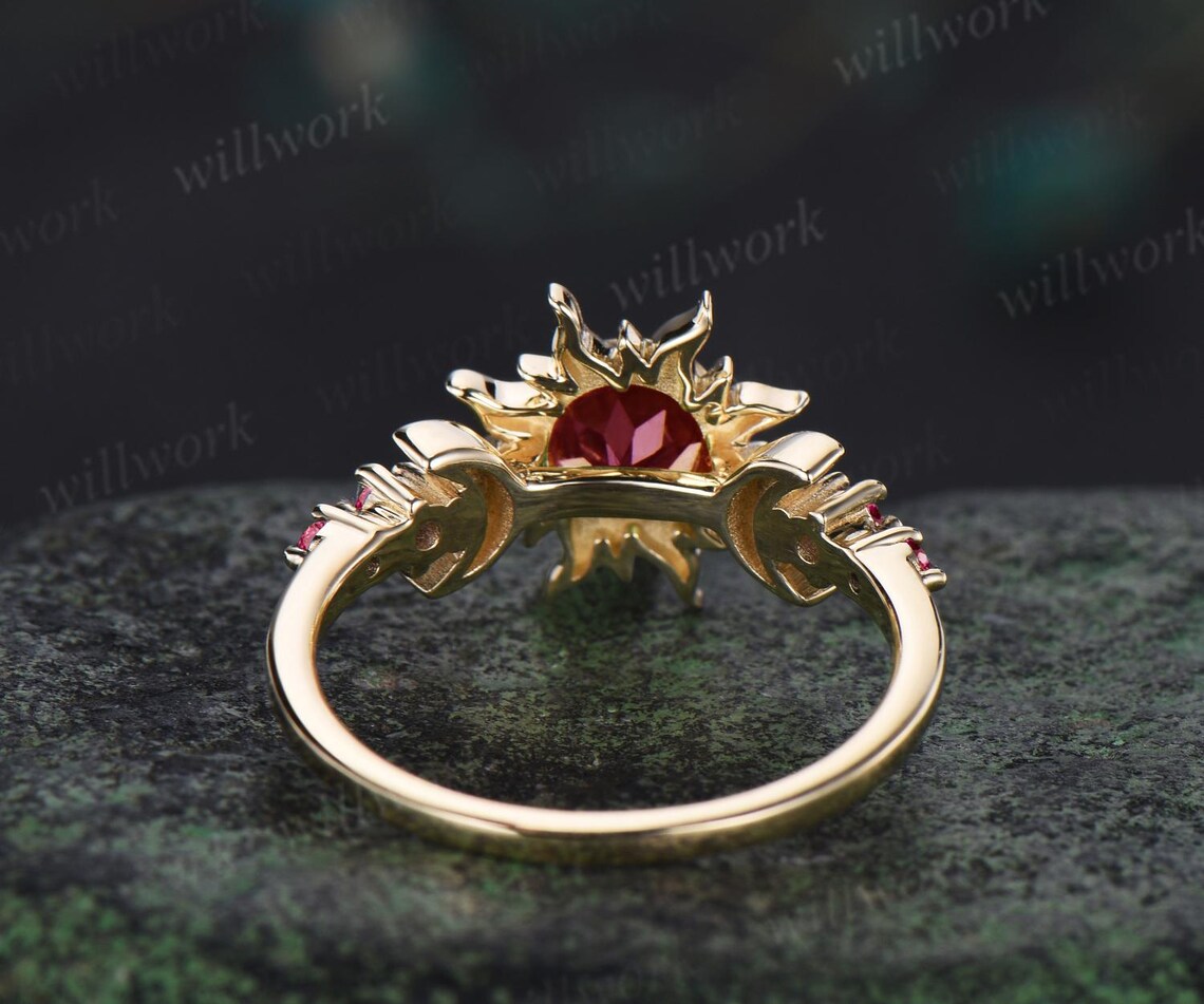 Vintage Round Cut Red Ruby Sun Engagement Ring Bezel Halo Solid 14k ...