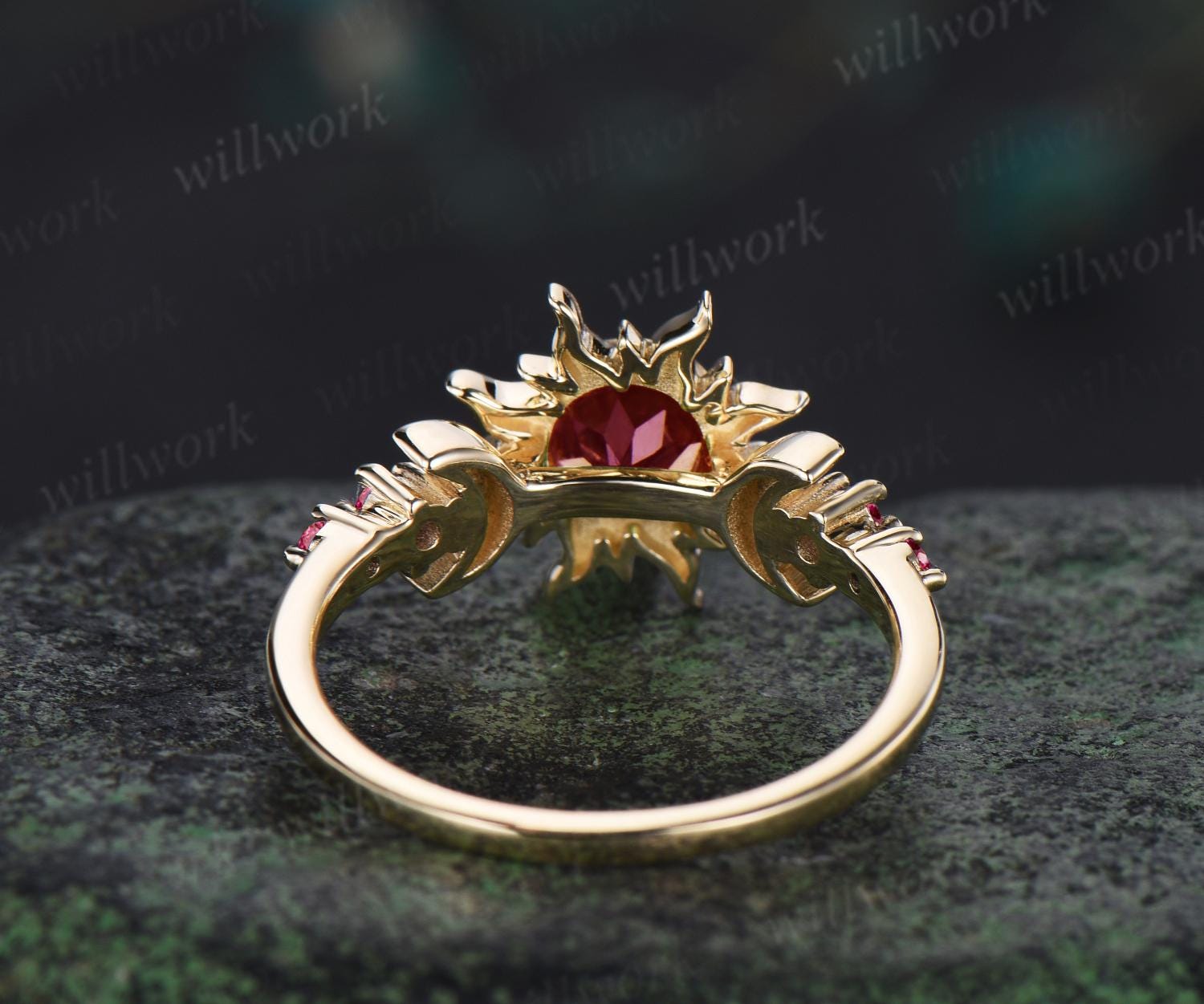 Vintage Round Cut Red Ruby Sun Engagement Ring Bezel Halo Solid 14k ...
